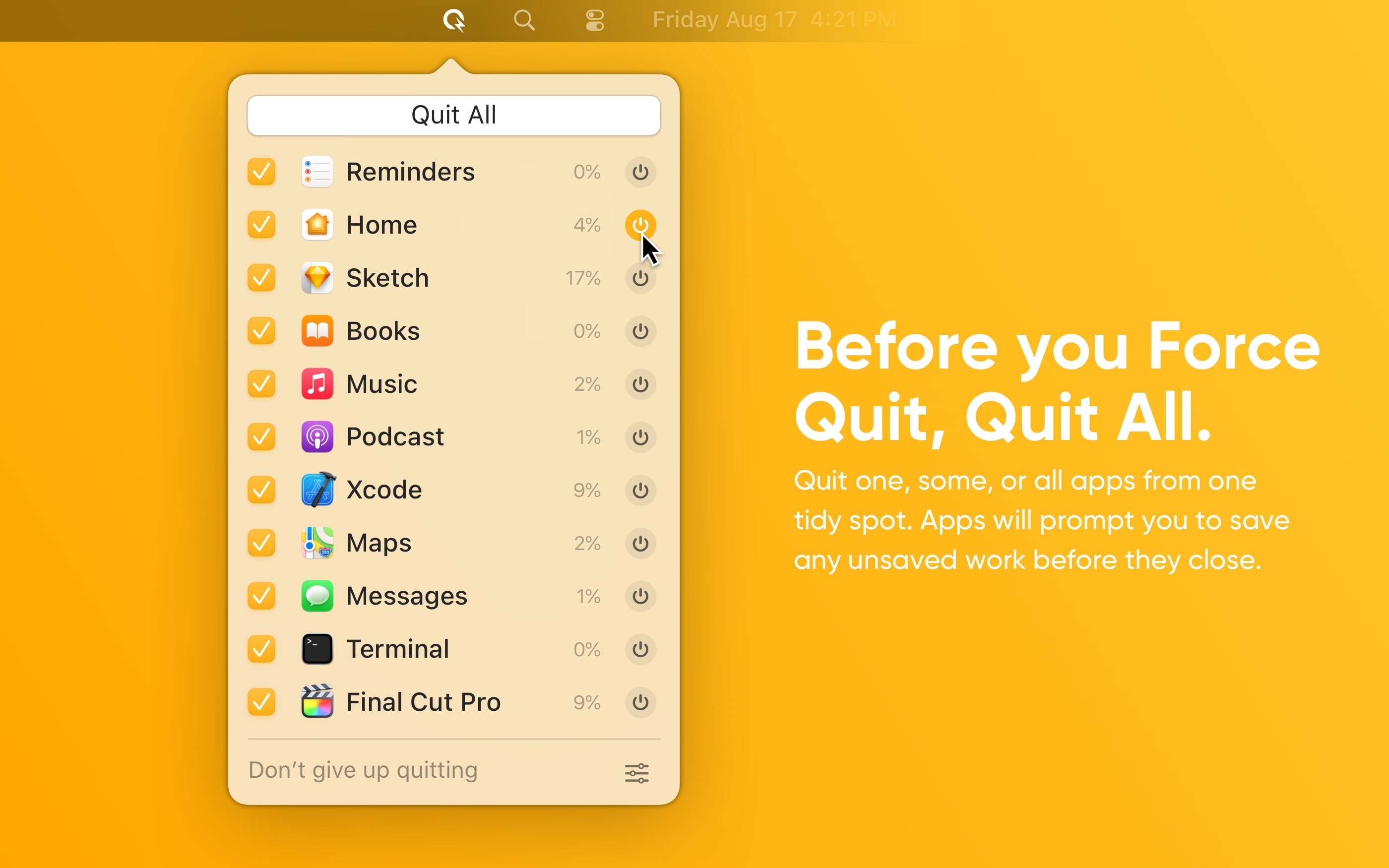 Quit All For Mac v1.3.5 一键管理退出或强制退出应用程序软件 - 苹果系统之家